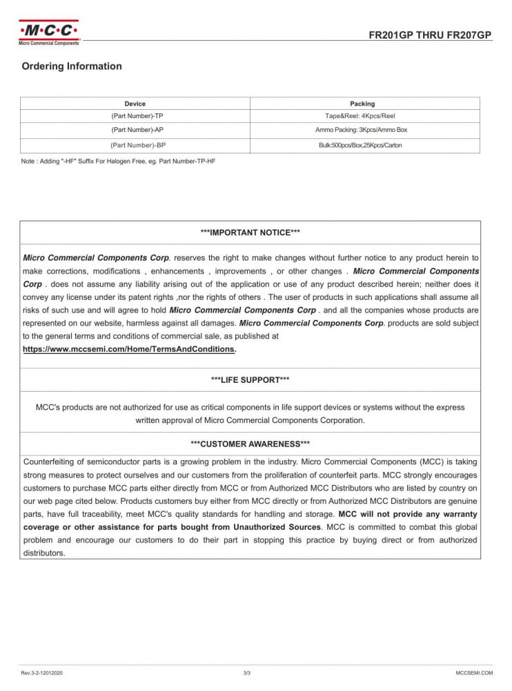 MCC FR206GP-TP datasheet page 3