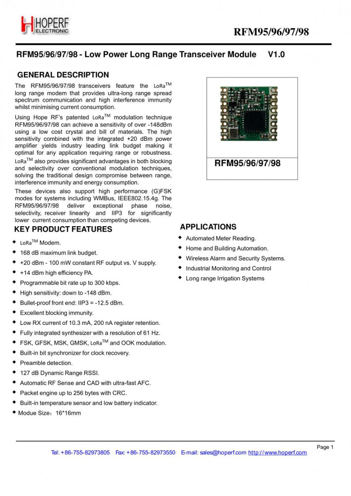 RFM98 datasheet page 1