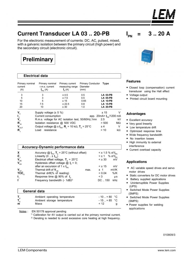 LEM LA 20-PB datasheet page 1