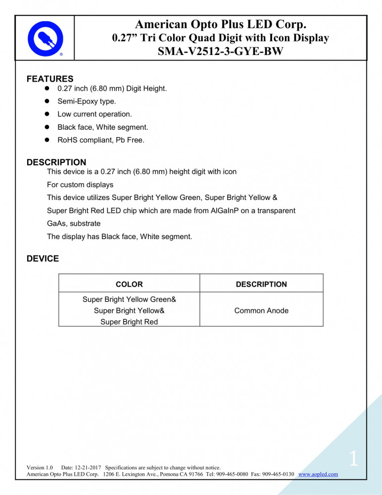 SMA-V2512-3-GYE-BW datasheet page 1