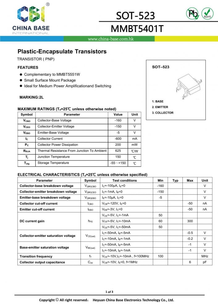 MMBT5401T datasheet page 1