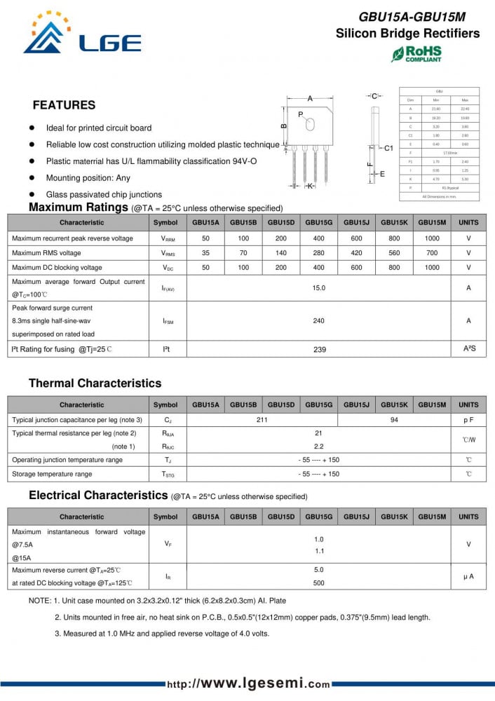 LGE GBU15K datasheet page 1
