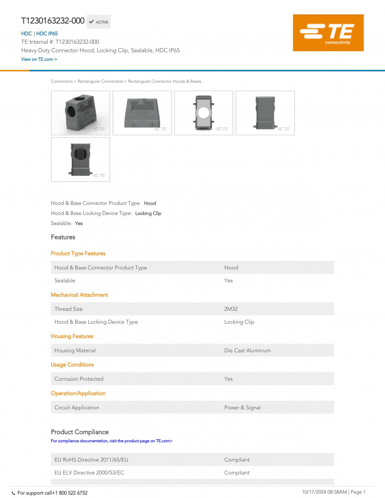 TE Connectivity product document page 1