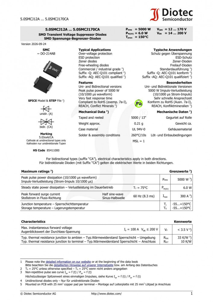 DIOTEC 5.0SMCJ TVS diode datasheet page 1