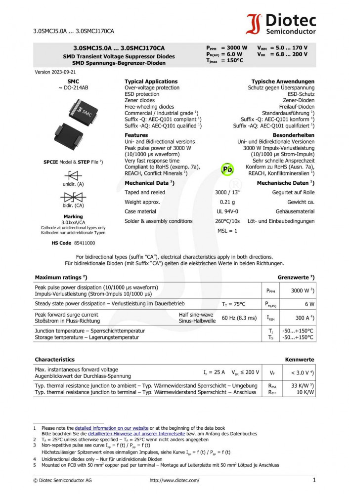DIOTEC 3.0SMCJ series datasheet page 1