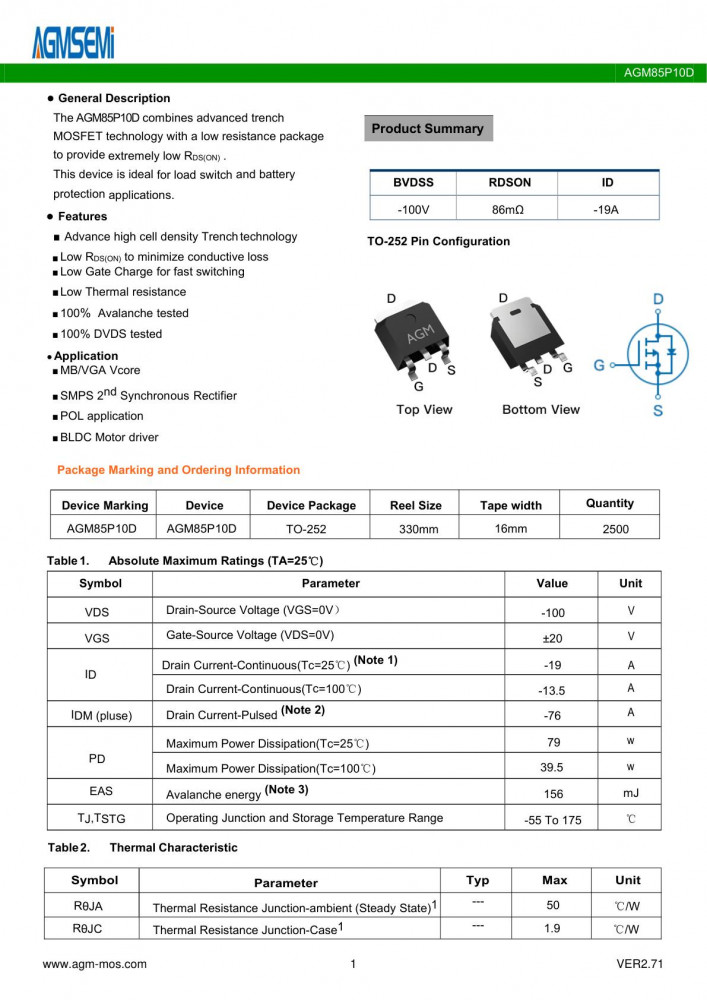 AGM85P10D datasheet page 1