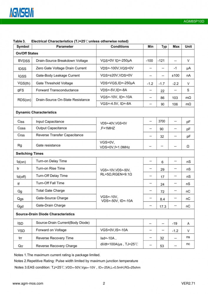 AGM85P10D datasheet page 2
