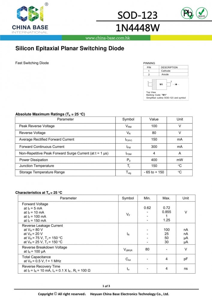 1N4448W datasheet page 1