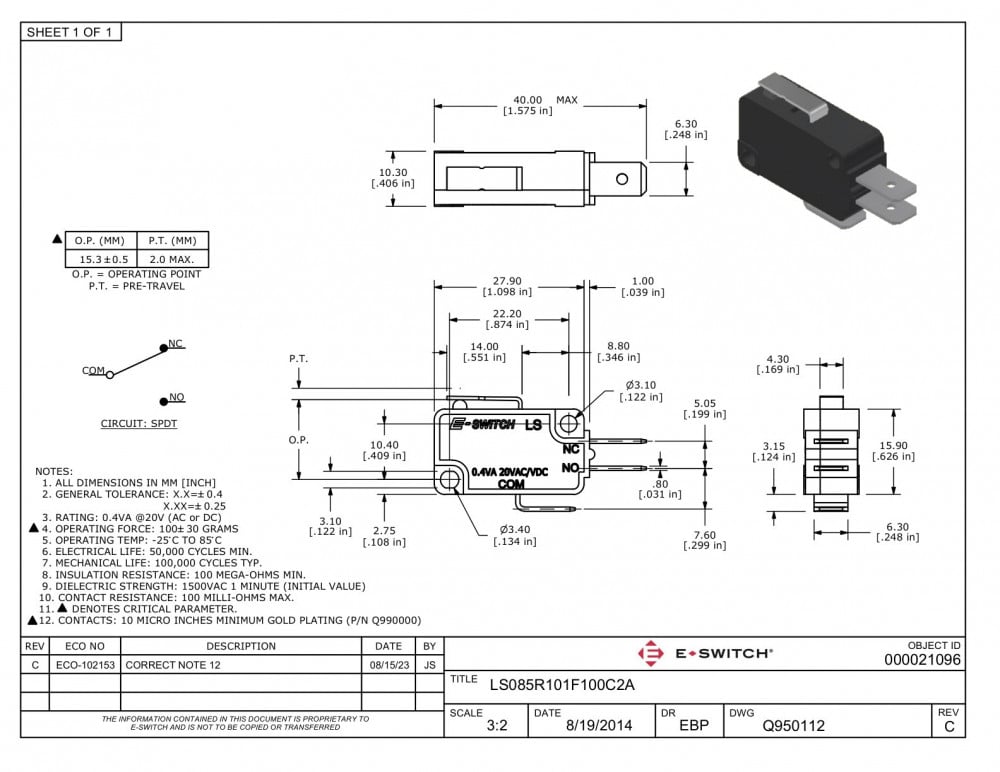 LS085R101F100C2A technical drawing page