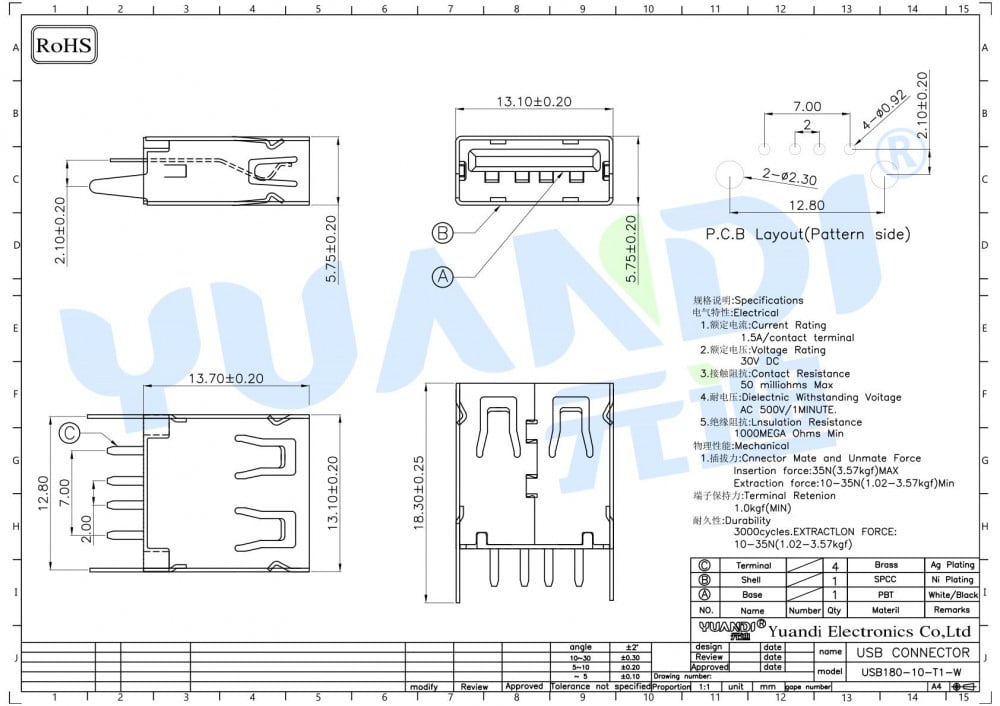 Yuandi USB180-10-T1-W technical drawing and specification page