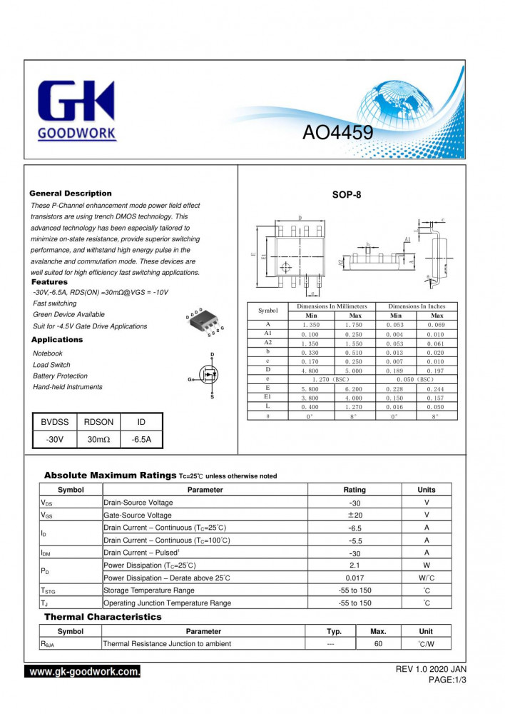 AO4459-GK datasheet page 1