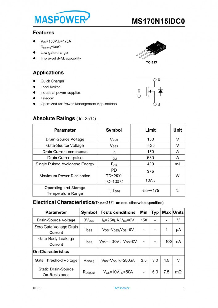 MS170N15IDC0 datasheet page 1