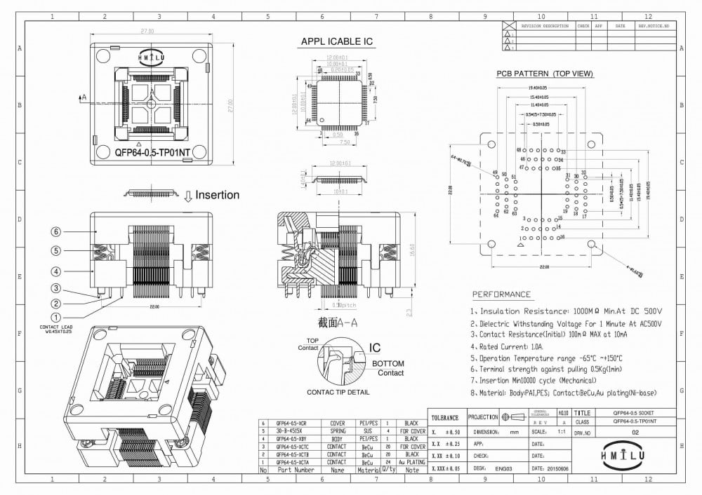 HMILU QFP64-0.5 socket technical drawing