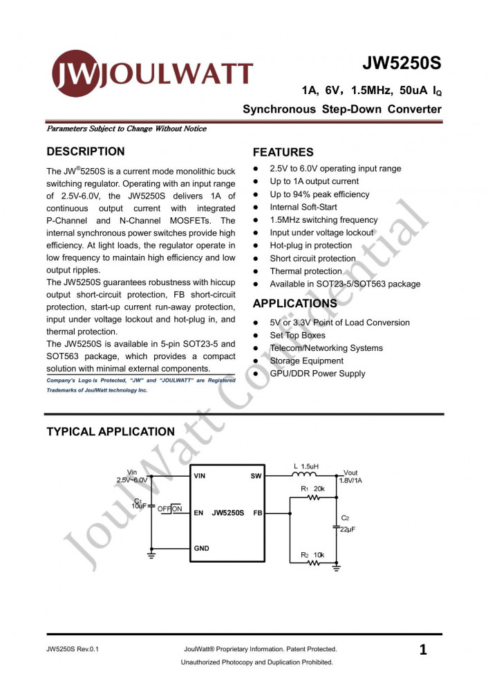 JW5250S datasheet page 1