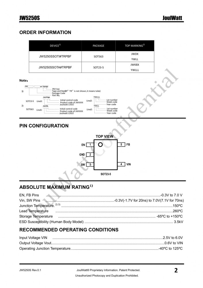 JW5250S datasheet page 2