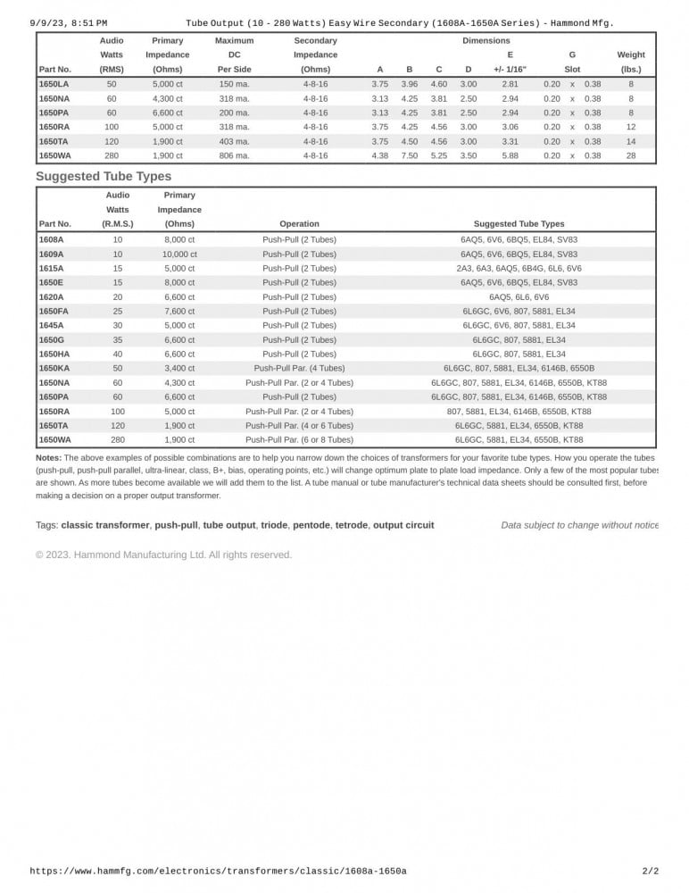 Hammond 1650TA technical document page 2