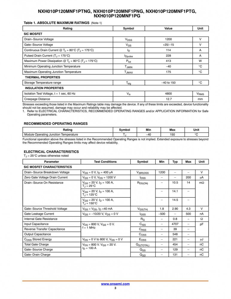 NXH010P120MNF1 datasheet page 3