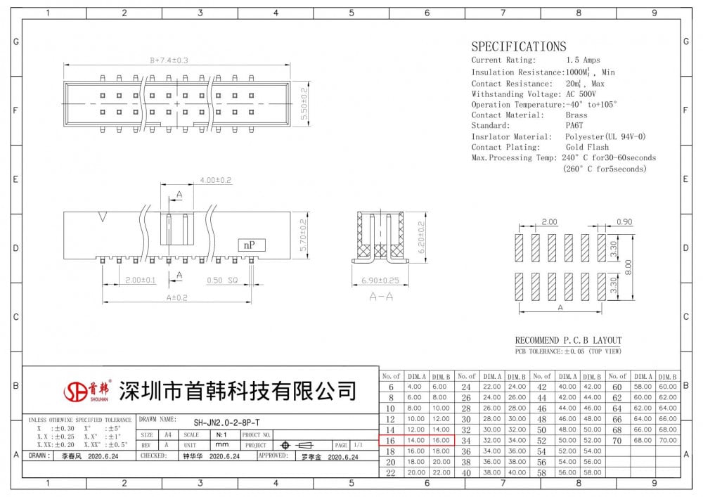 SH-JN2.0-2-8P-T technical drawing