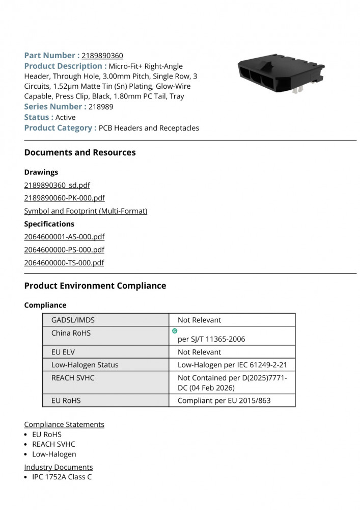 MOLEX 2189890360 technical document preview, page 1