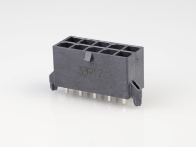 Mega-Fit Vertical Header, 5.70mm Pitch, Through Hole, Dual Row, 10 Circuits, Matte Tin (Sn) Plating, 3.73mm Tail Length, Glow-Wire Capable, Tape and Reel, Black