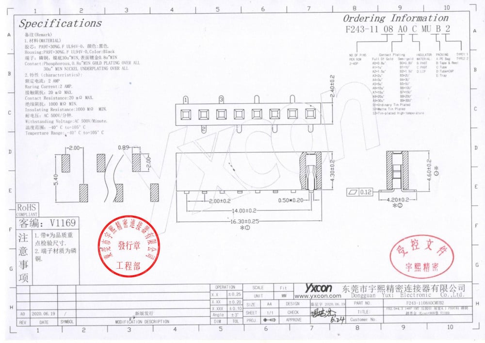 Yxcon F243-1108A0CMUB2 technical drawing