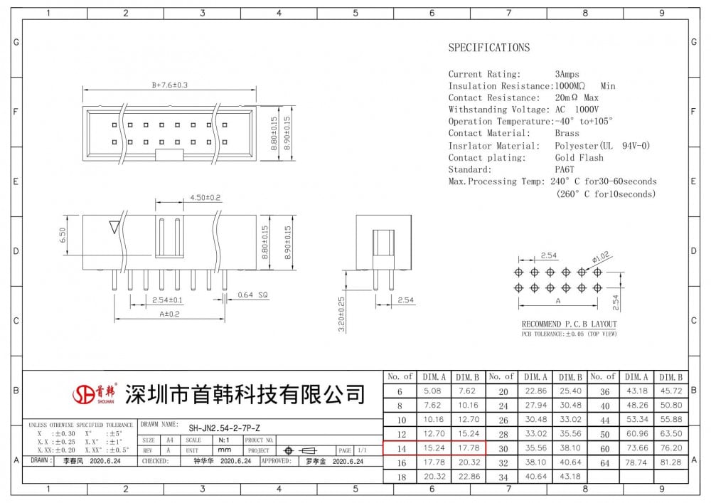 SH-JN2.54-2-7P-Z technical drawing and specifications