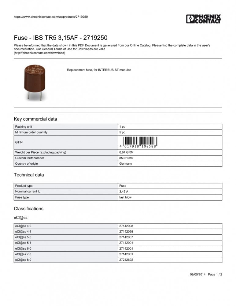 Phoenix Contact 2719250 technical document page 1