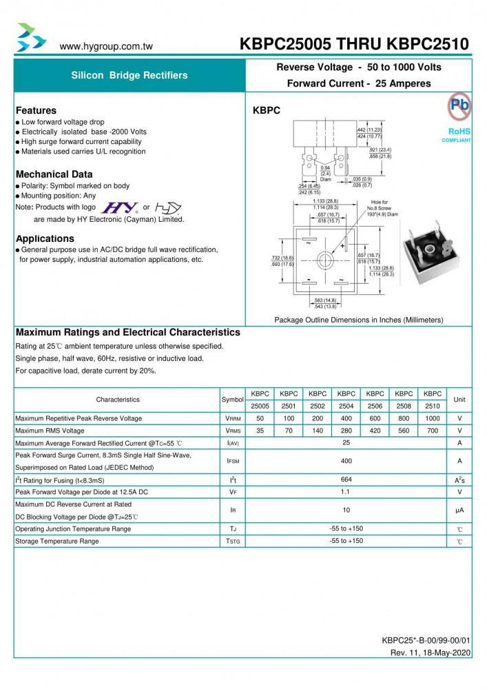 KBPC silicon bridge rectifier datasheet page 1