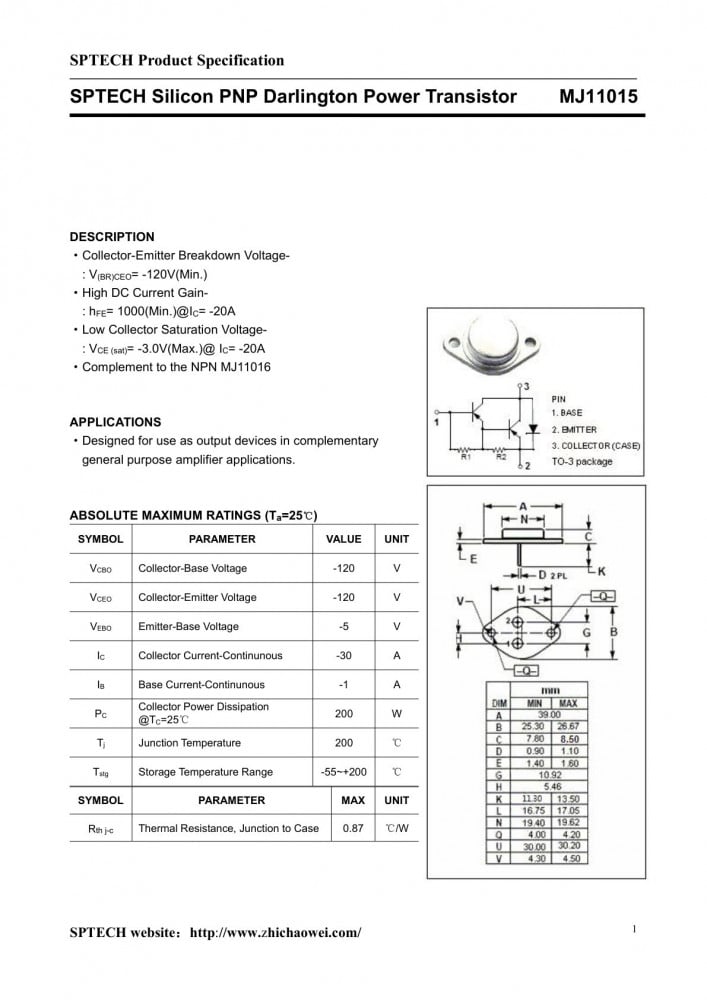 SPTECH MJ11015 datasheet page 1