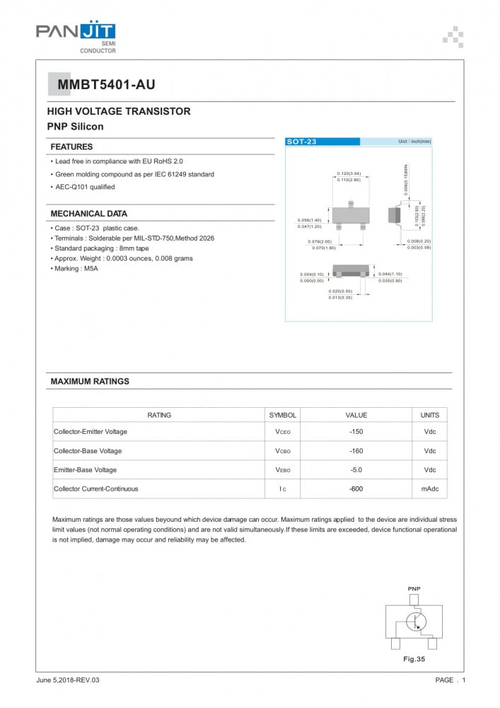 MMBT5401-AU datasheet page 1
