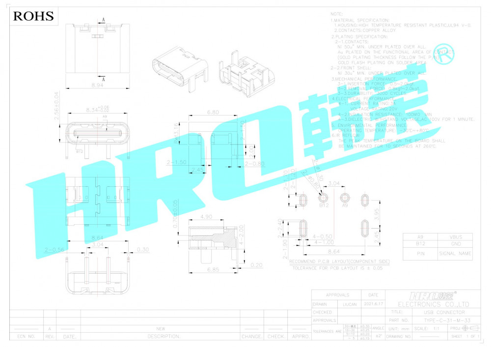 HRO TYPE-C-31-M-33 USB connector engineering drawing