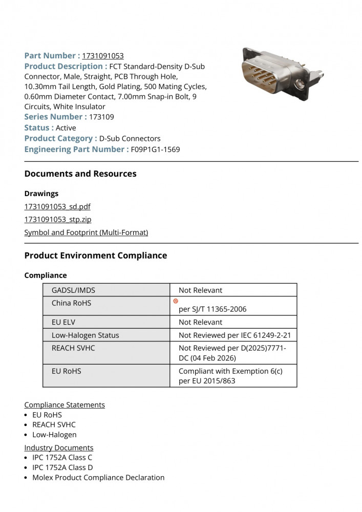 MOLEX 1731091053 document preview, page 1