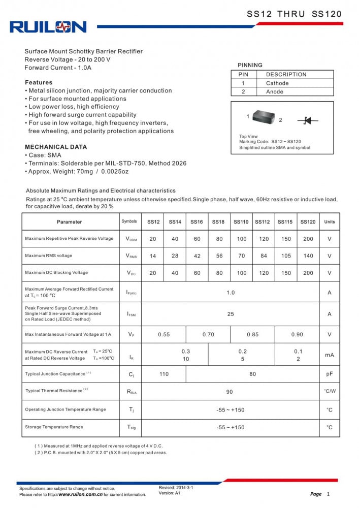 RUILON SS16 datasheet page 1