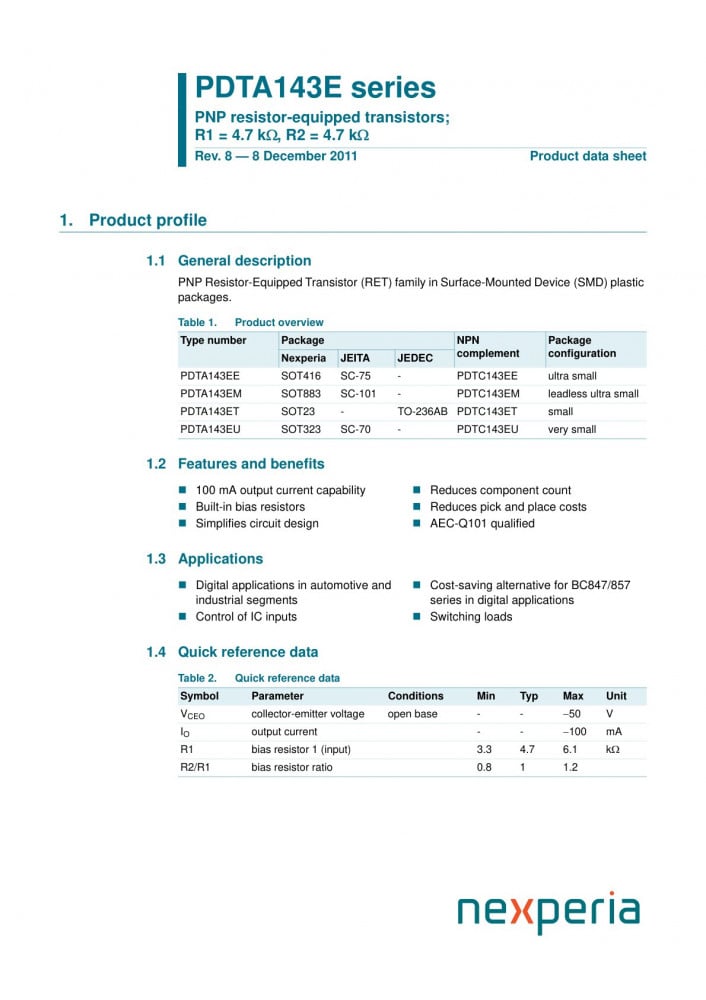 PDTA143EM datasheet page 1