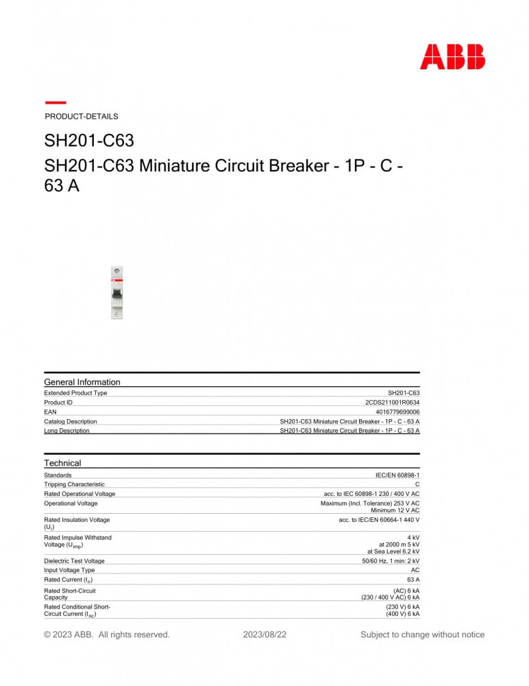 ABB SH201-C63 technical document page 1
