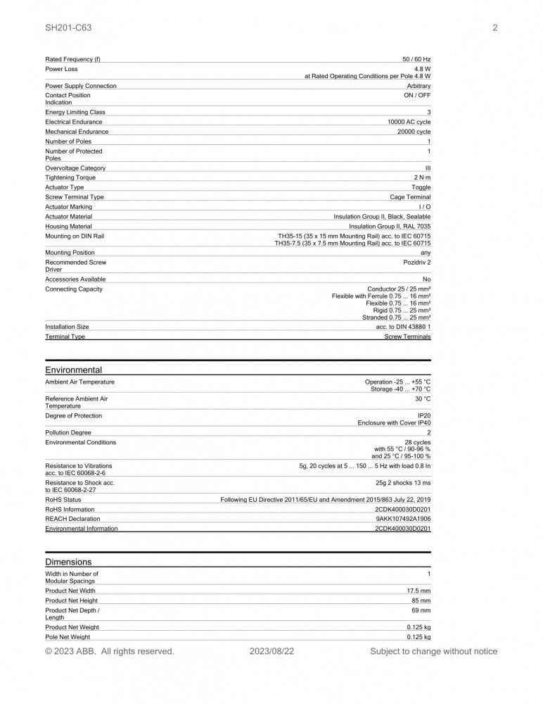 ABB SH201-C63 technical document page 2