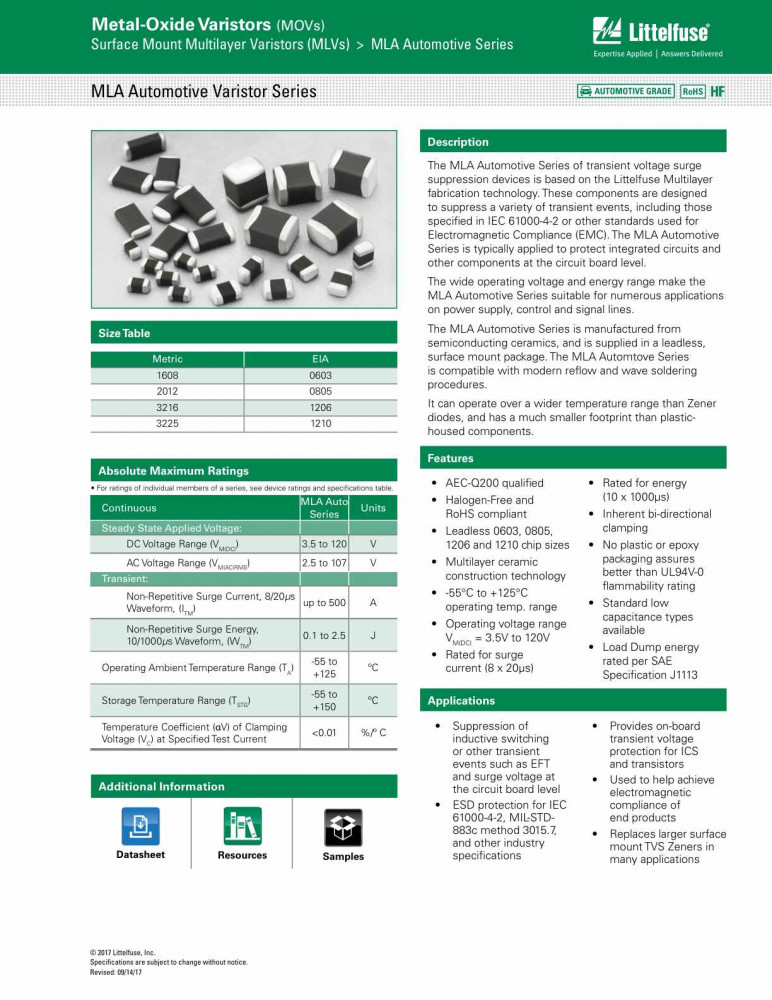Littelfuse MLA Automotive Varistor datasheet page 1