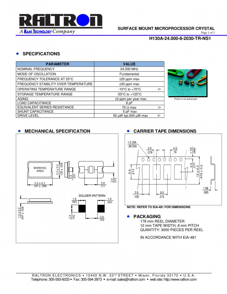 Raltron H130A product specification page