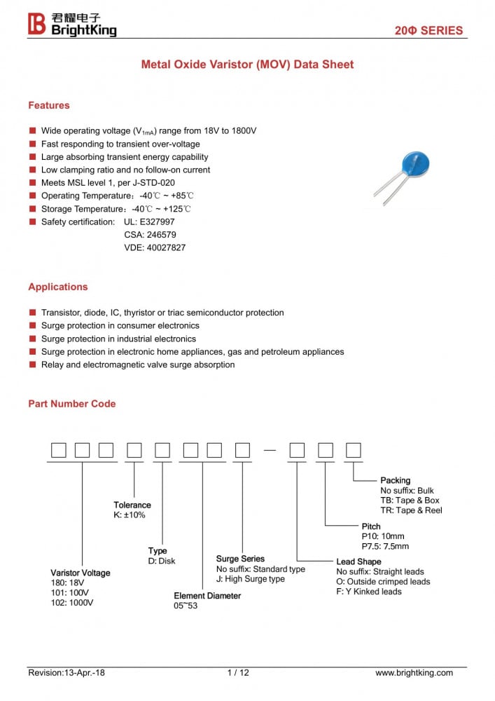 BrightKing MOV datasheet page 1