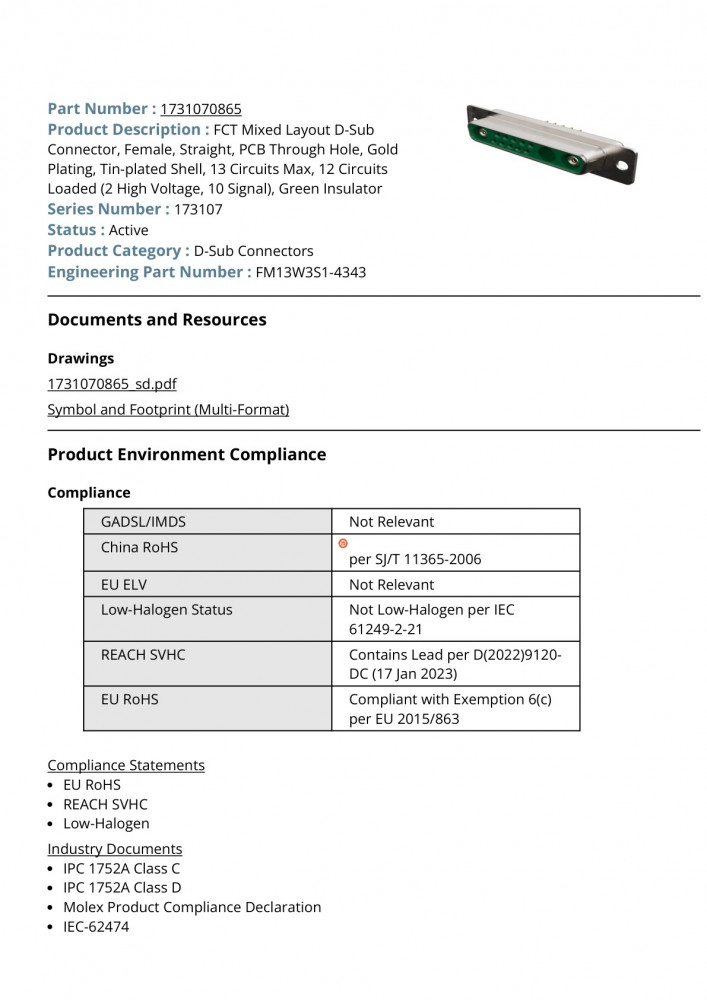 MOLEX 1731070865 technical document page 1