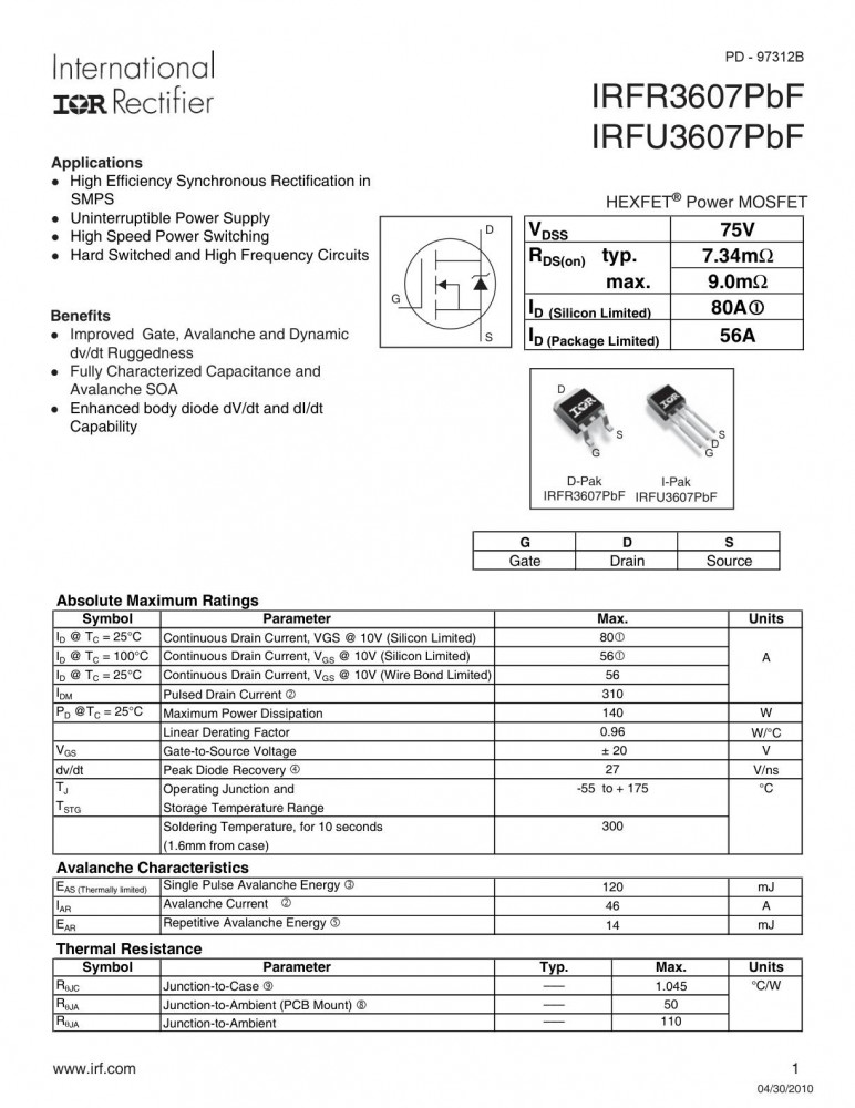 IRFR3607 technical document page 1