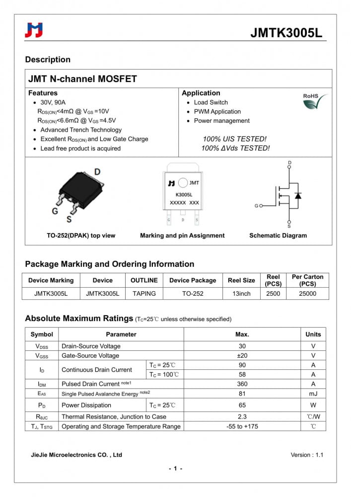 JMTK3005L datasheet page 1