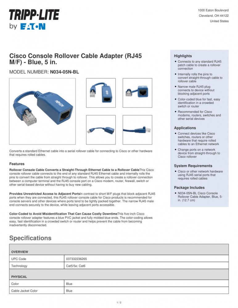 N034-05N-BL product documentation page 1