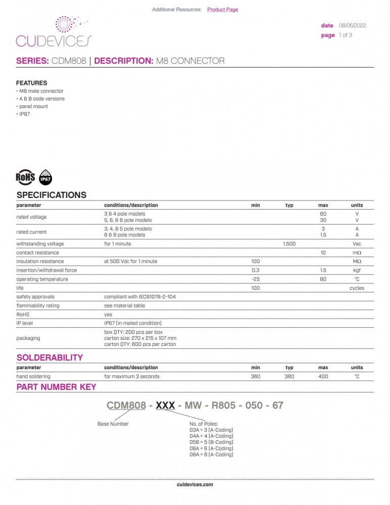CDM808 connector datasheet page 1