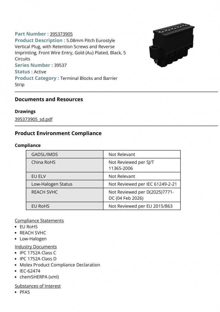 Molex 39537 series product drawing, page 1
