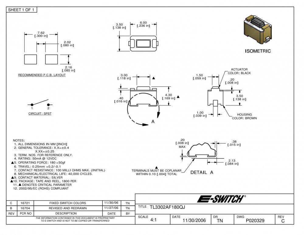E-Switch TL3302AF180QJ technical drawing