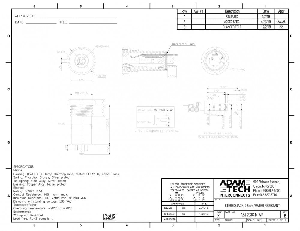 ADAM TECH ASJ-203C-M-WP technical drawing