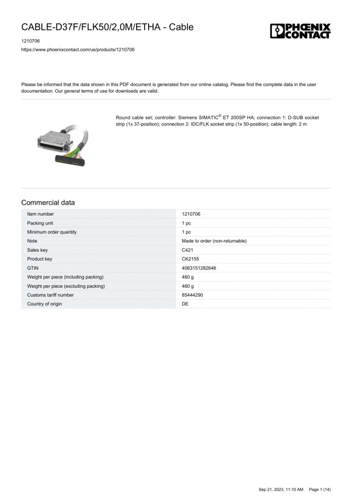 Phoenix Contact 1210706 technical document page 1