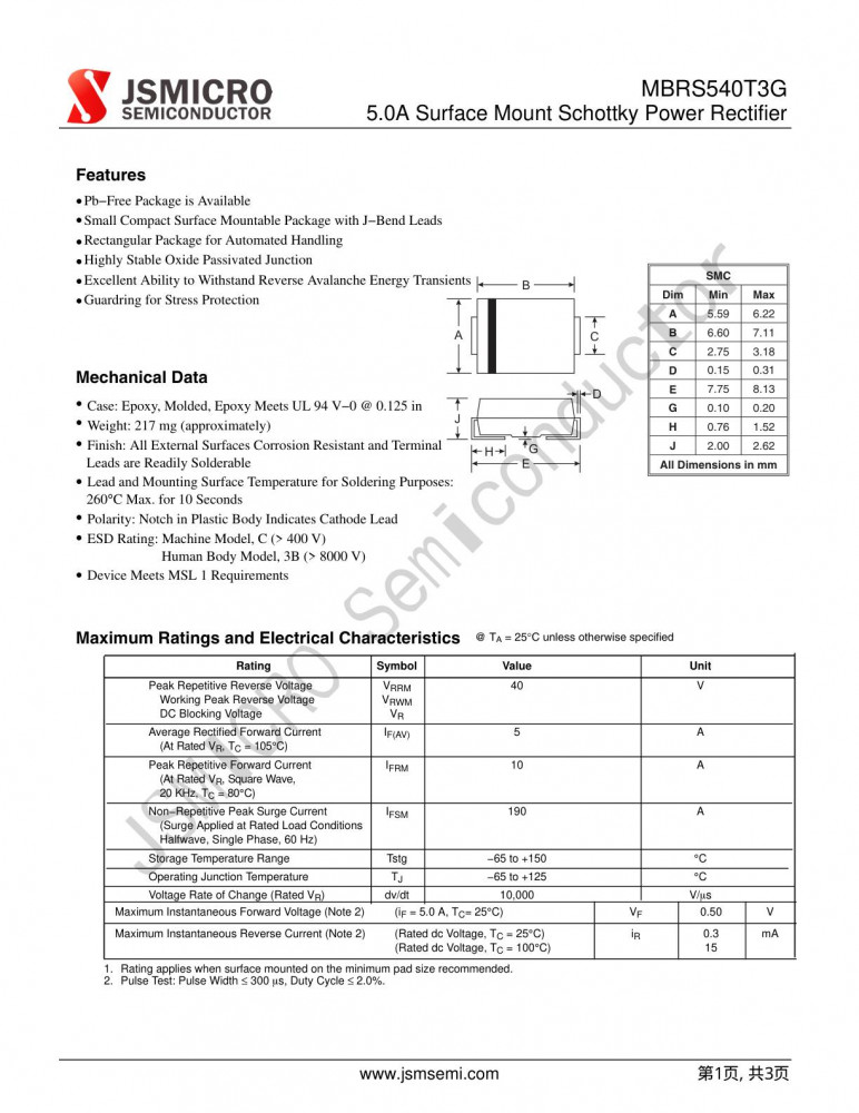MBRS540T3G-JSM datasheet page 1