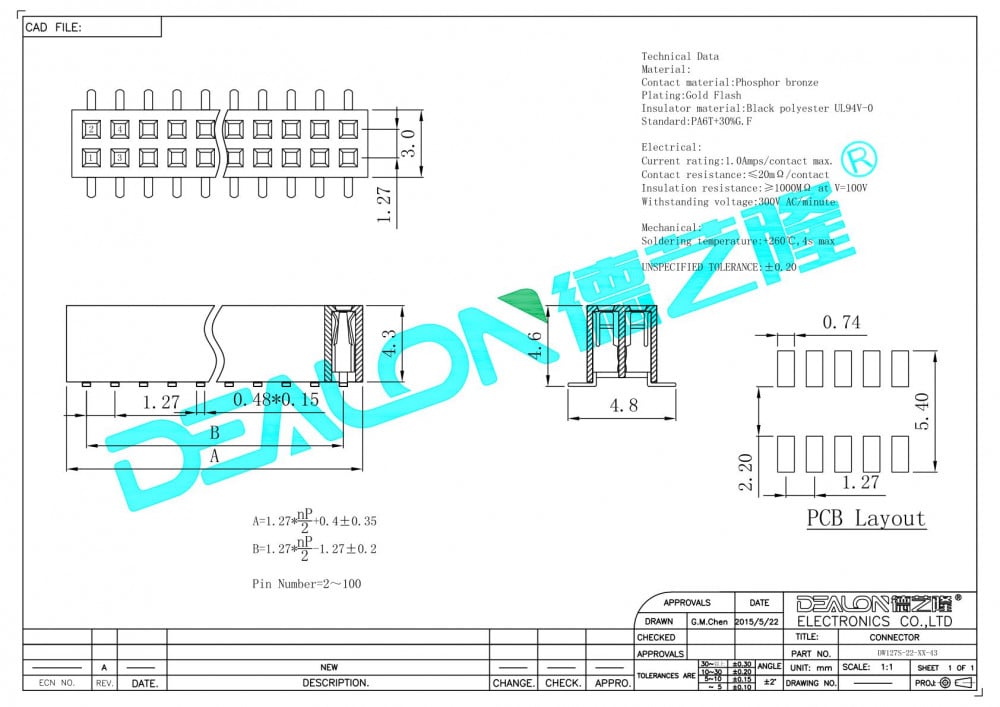 DEALON DW127S-22-12-43 connector engineering drawing
